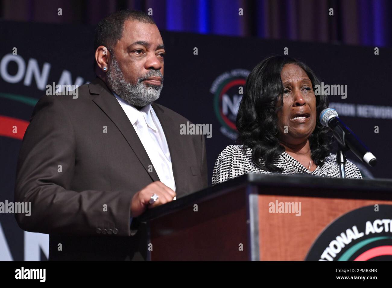 New York, USA. 12th Apr, 2023. Rodney Wells (l) stands by RowVaughn ...