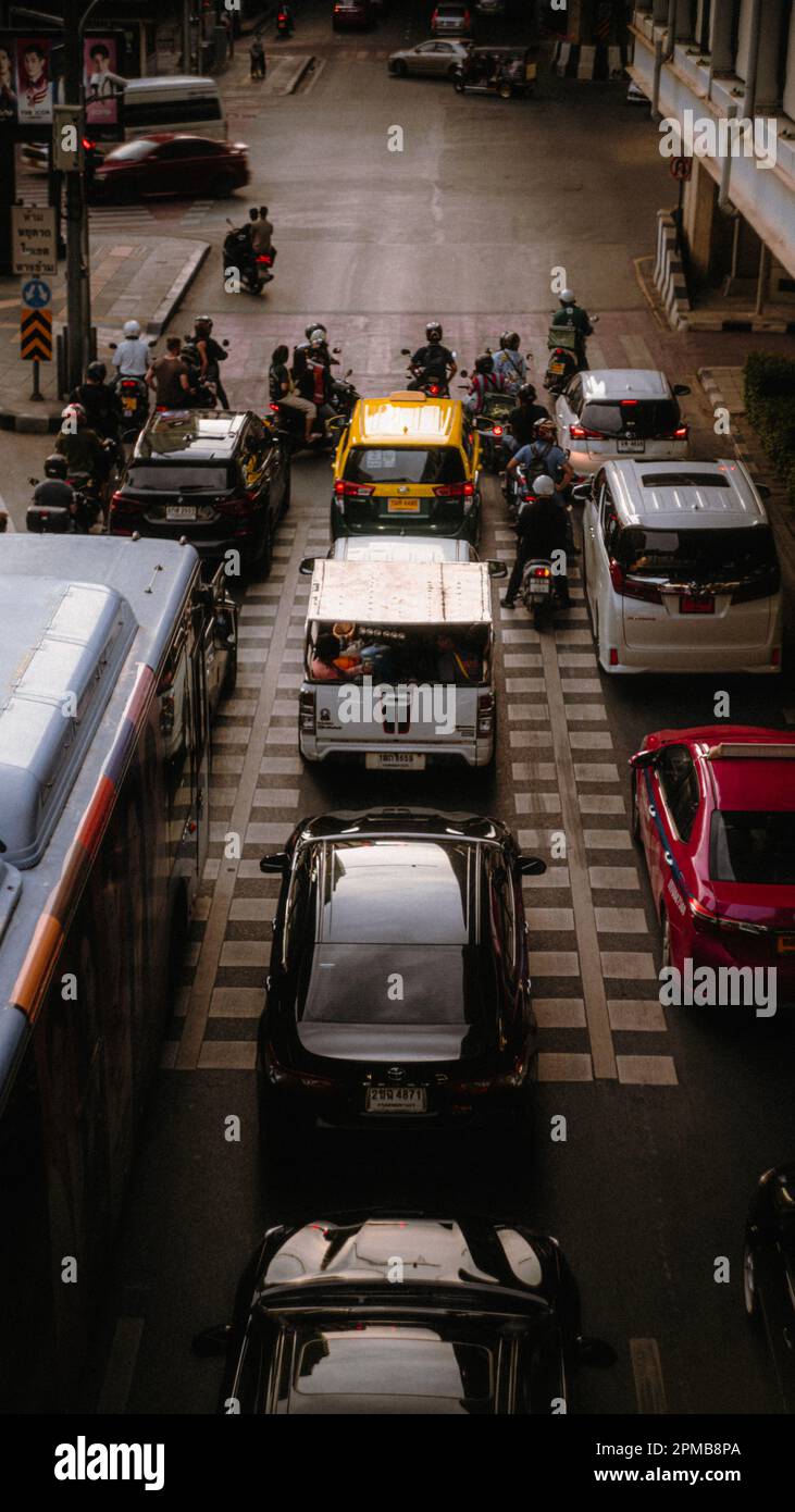 Top view of traffic jam on asia megapolis roads many cars and motorbike ...