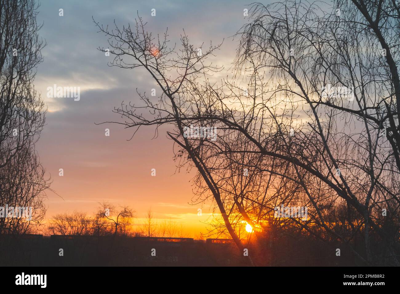 Beautiful morning dawn in spring. Fantastic dawn of the spring sun. Red ...