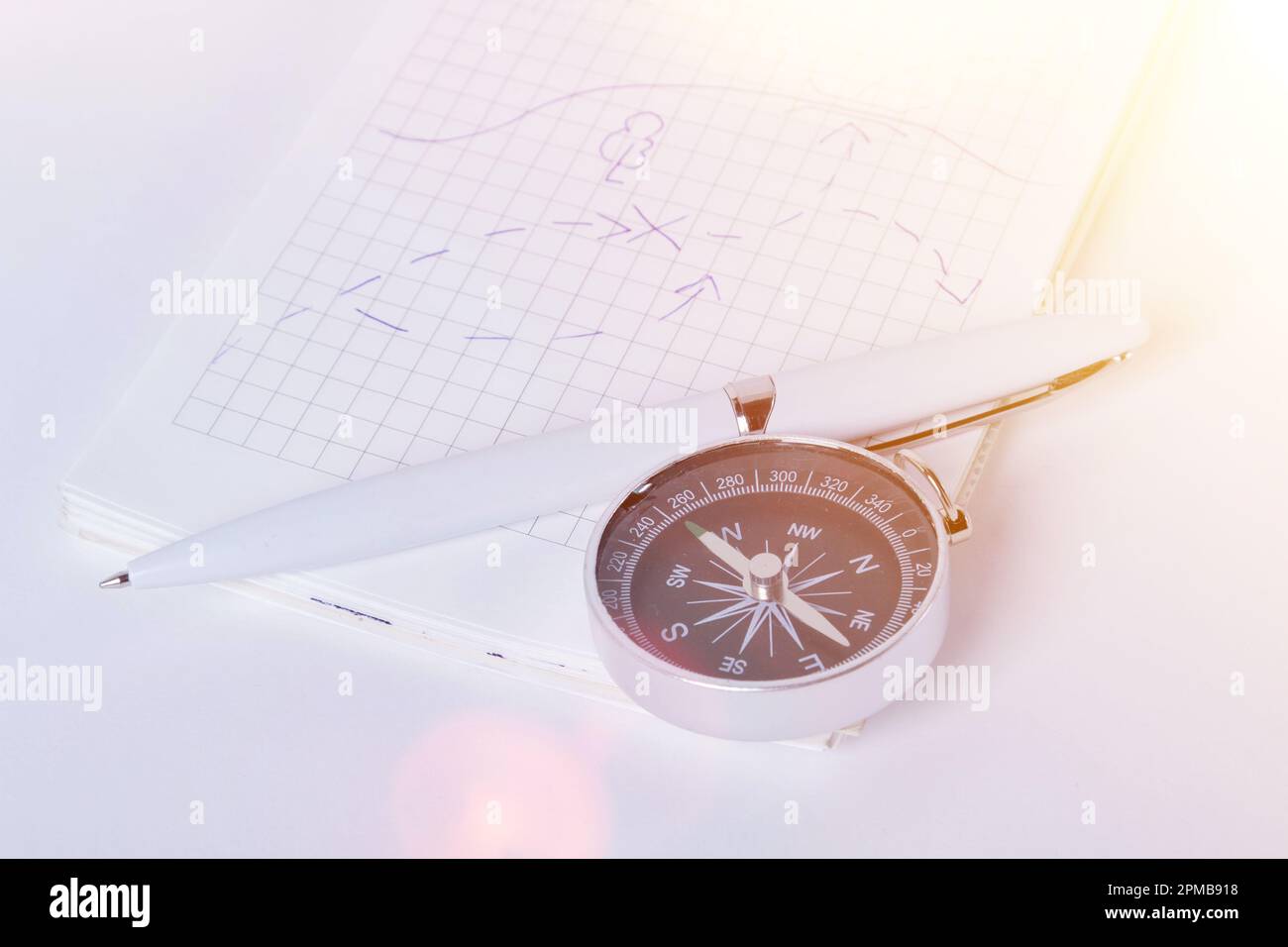 Traveler's notes. A clean notebook with a pen for writing a compass and ...