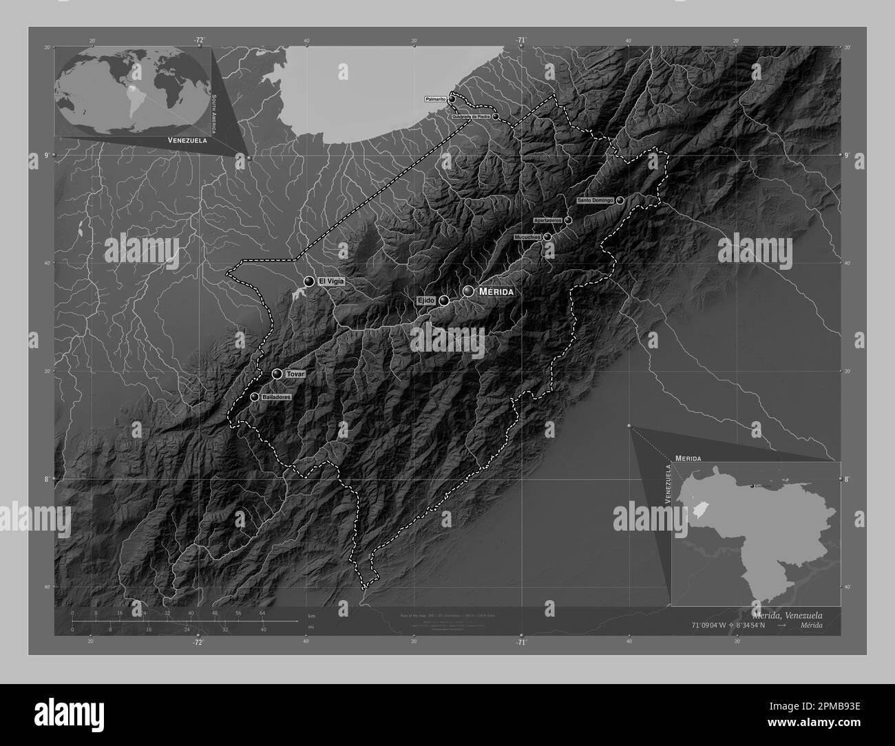 Merida, state of Venezuela. Grayscale elevation map with lakes and ...