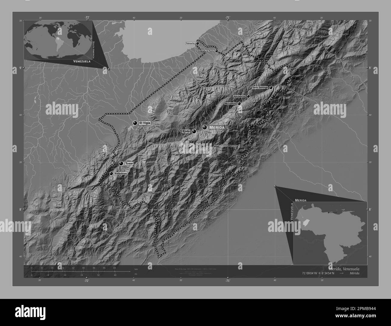 Merida, state of Venezuela. Bilevel elevation map with lakes and rivers ...