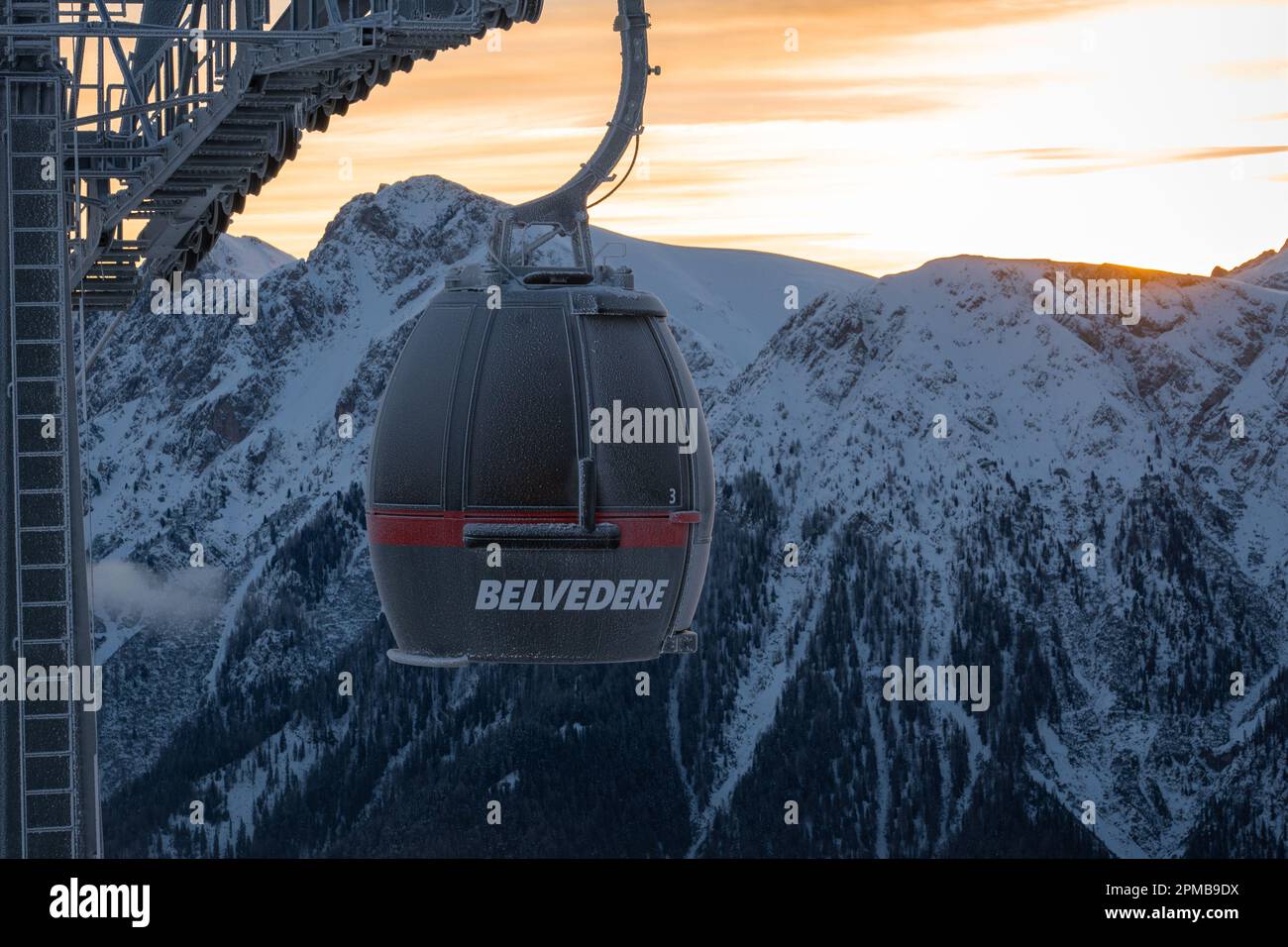 A landscape of a ropeway on Kronplatz covered in snow during the ...
