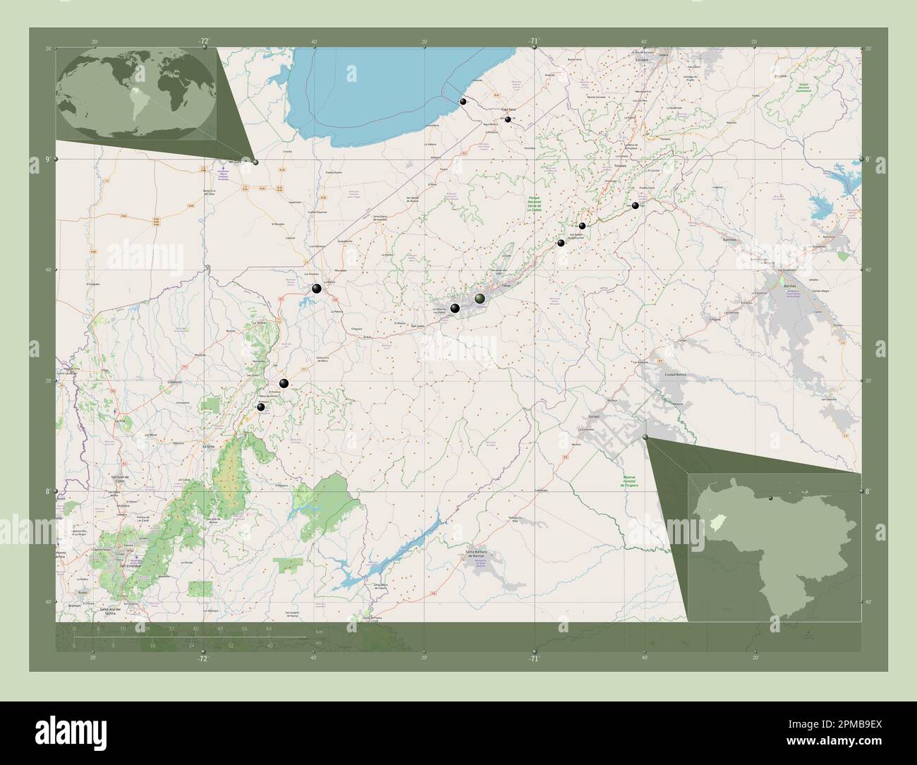 Merida, state of Venezuela. Open Street Map. Locations of major cities ...