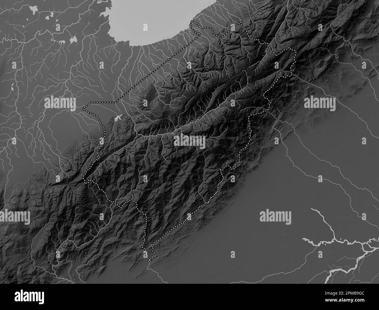 Merida, state of Venezuela. Grayscale elevation map with lakes and ...