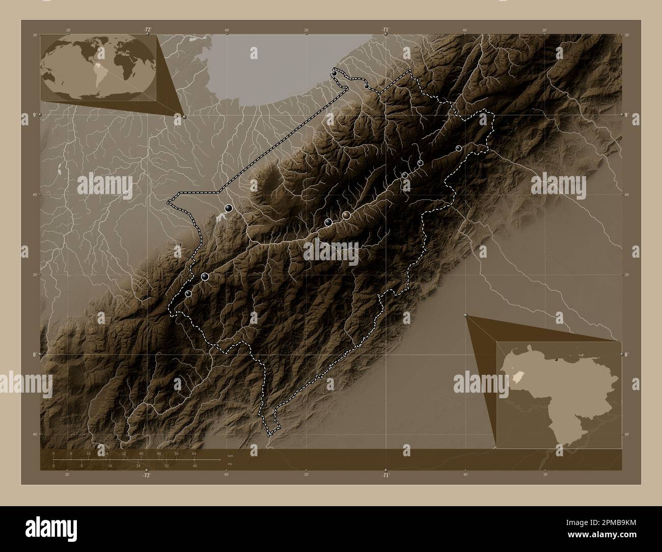 Merida, state of Venezuela. Elevation map colored in sepia tones with ...