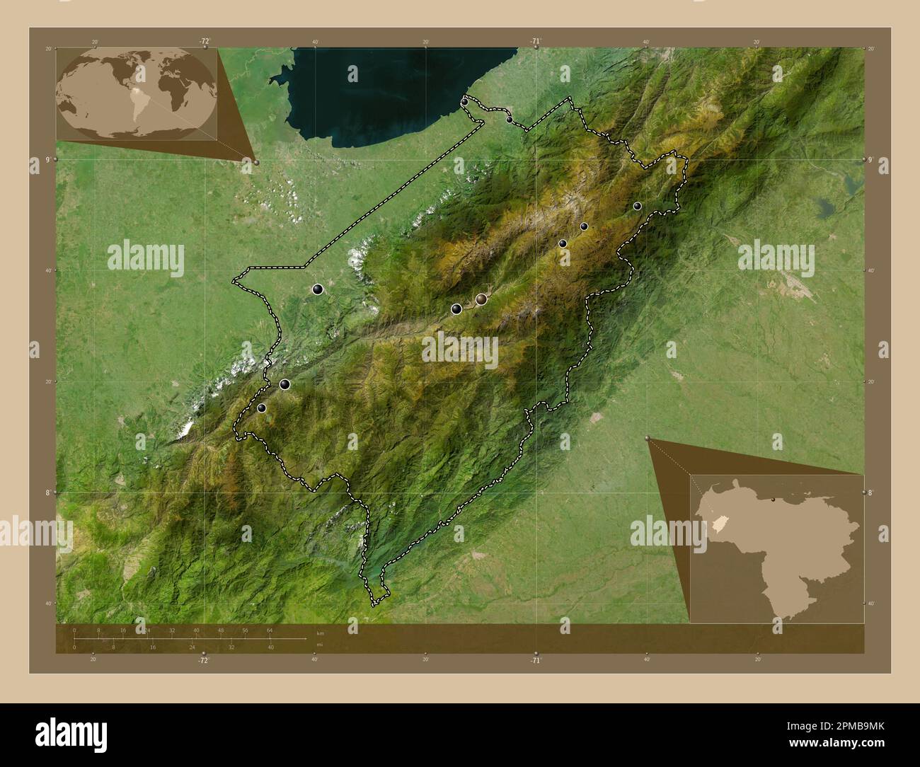 Merida, state of Venezuela. Low resolution satellite map. Locations of ...