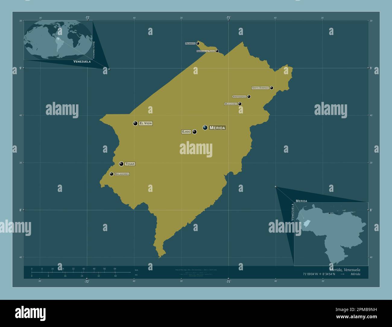 Merida, state of Venezuela. Solid color shape. Locations and names of ...