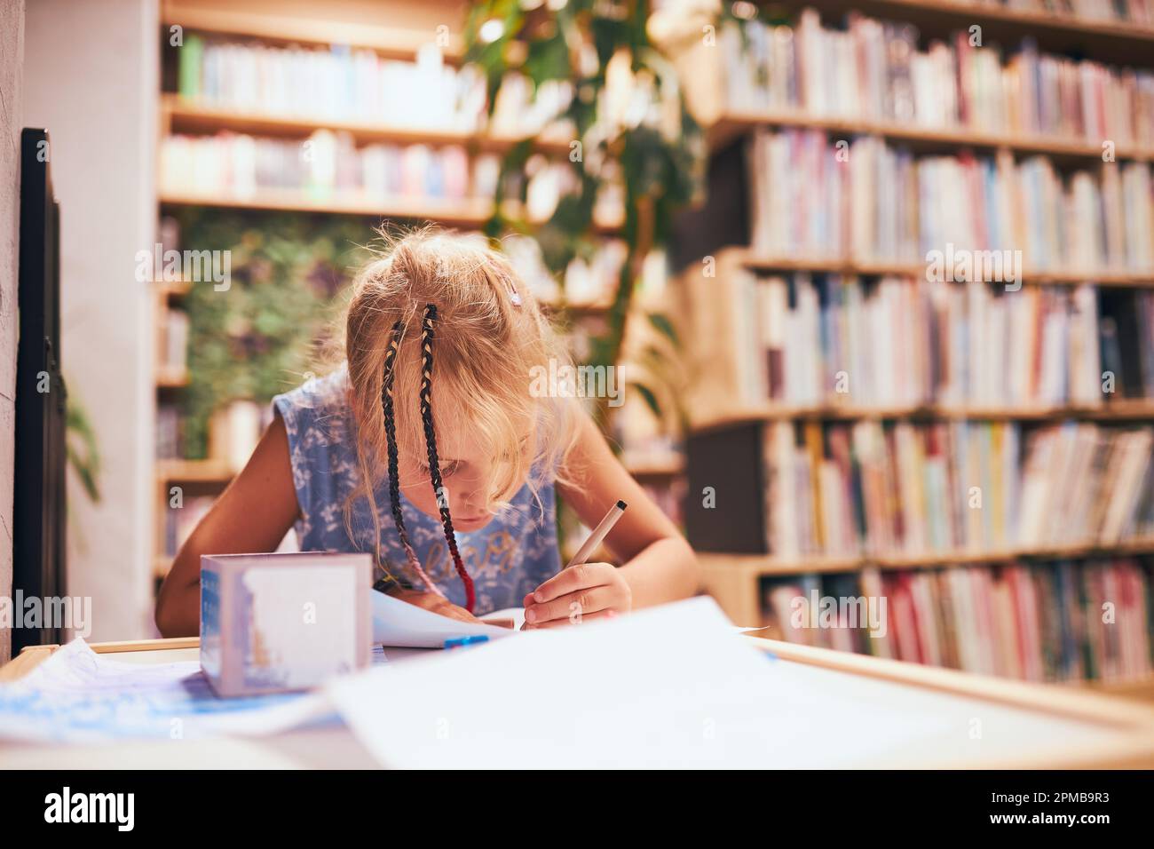 Schoolgirl doing homework. Elementary student learning, drawing ...