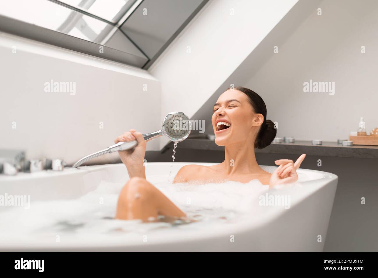 Woman Singing Taking Bath With Foam Having Fun In Bathroom Stock Photo ...