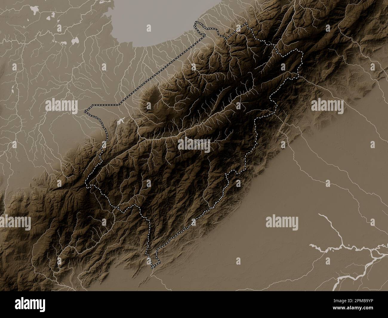 Merida, state of Venezuela. Elevation map colored in sepia tones with ...