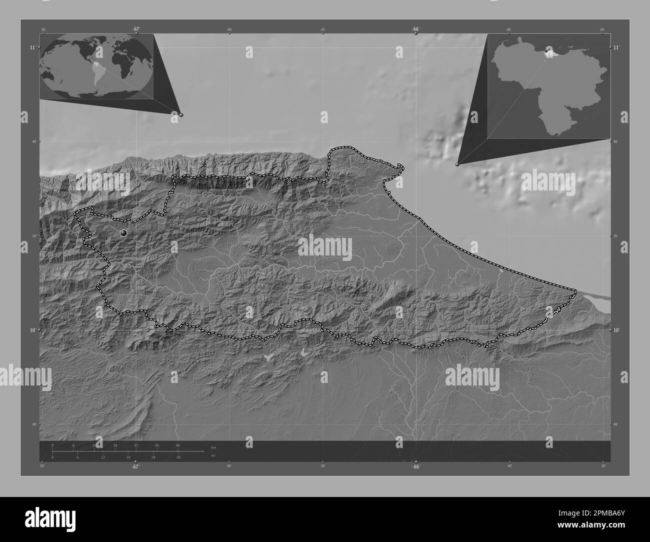 Miranda, state of Venezuela. Bilevel elevation map with lakes and ...
