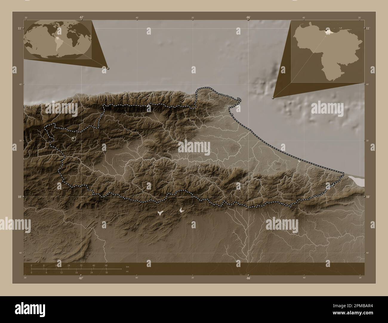 Miranda, state of Venezuela. Elevation map colored in sepia tones with ...