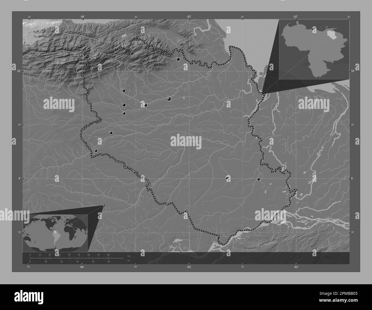 Monagas, state of Venezuela. Bilevel elevation map with lakes and ...