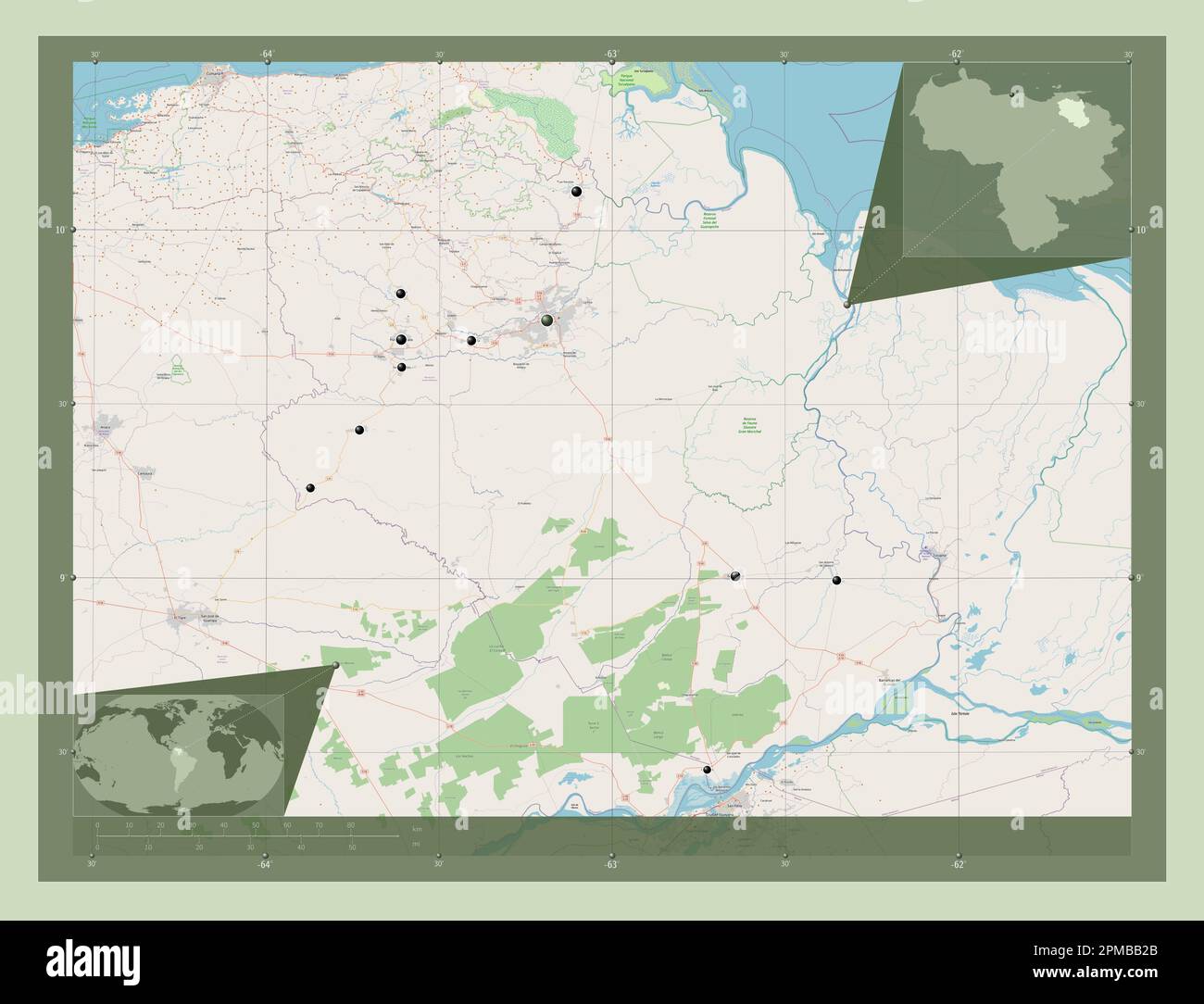 Monagas, state of Venezuela. Open Street Map. Locations of major cities ...