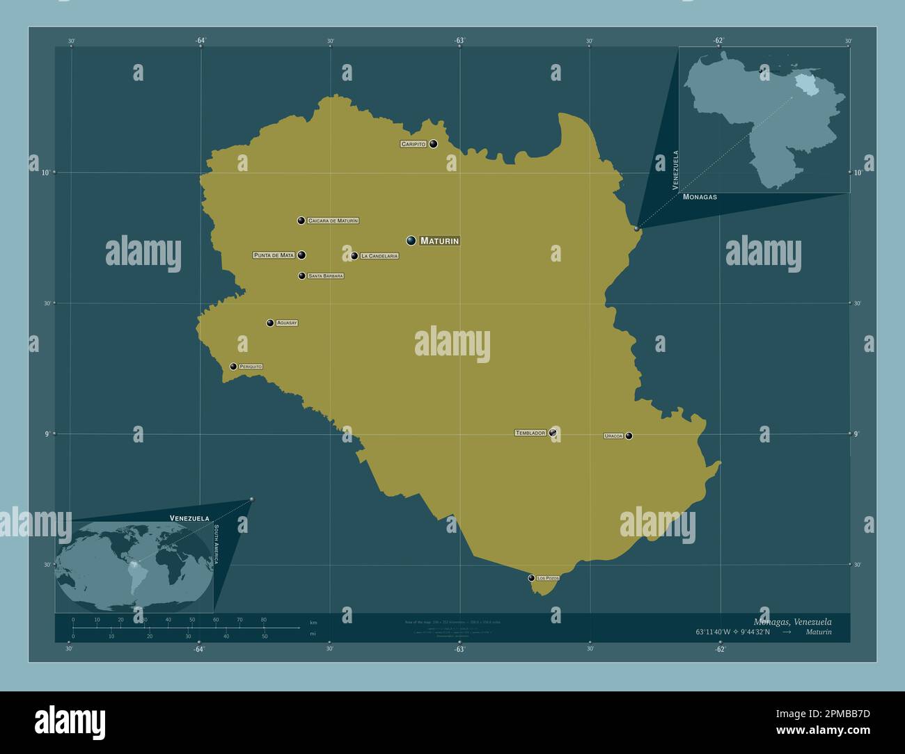 Monagas, state of Venezuela. Solid color shape. Locations and names of ...