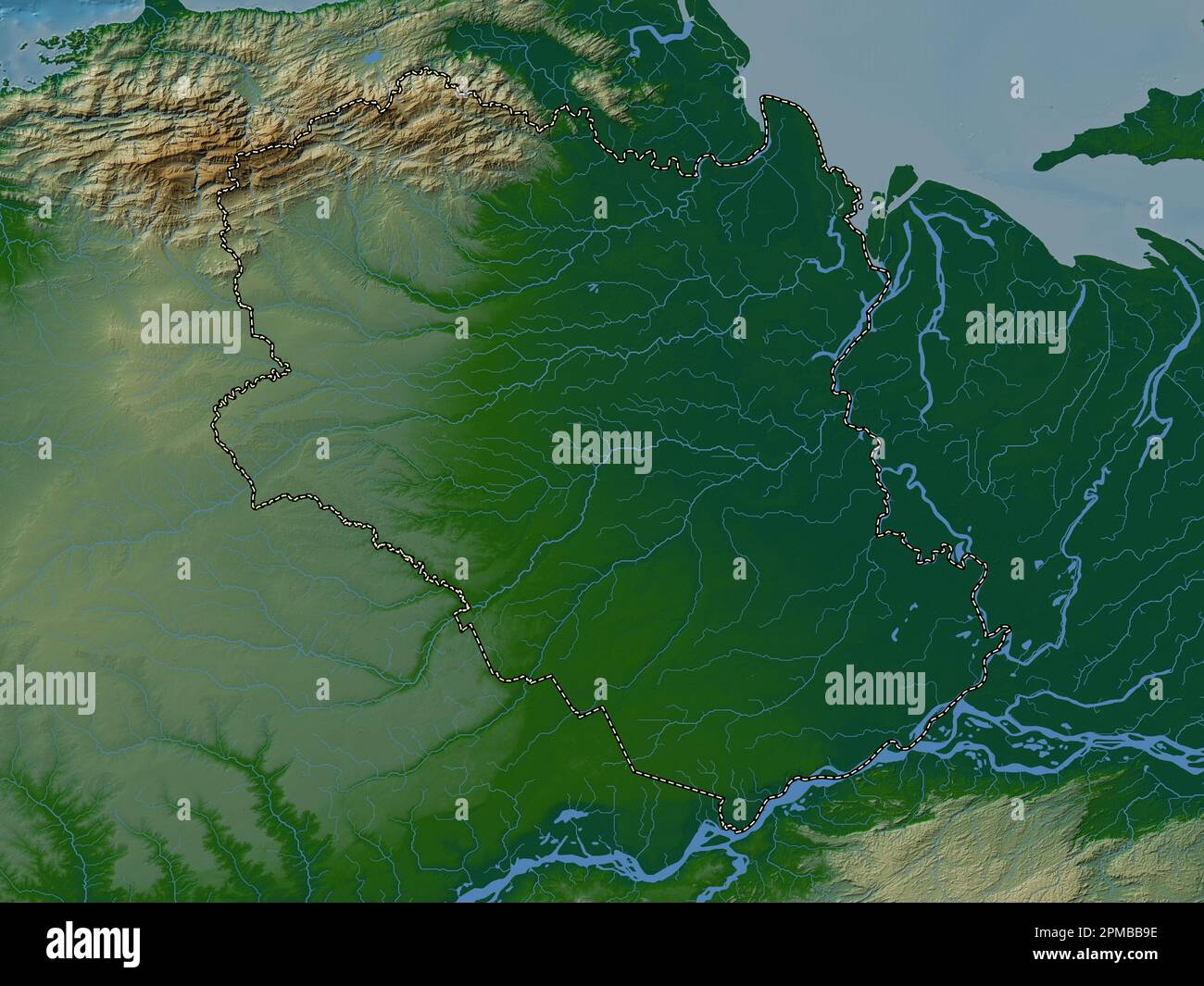 Monagas, state of Venezuela. Colored elevation map with lakes and ...
