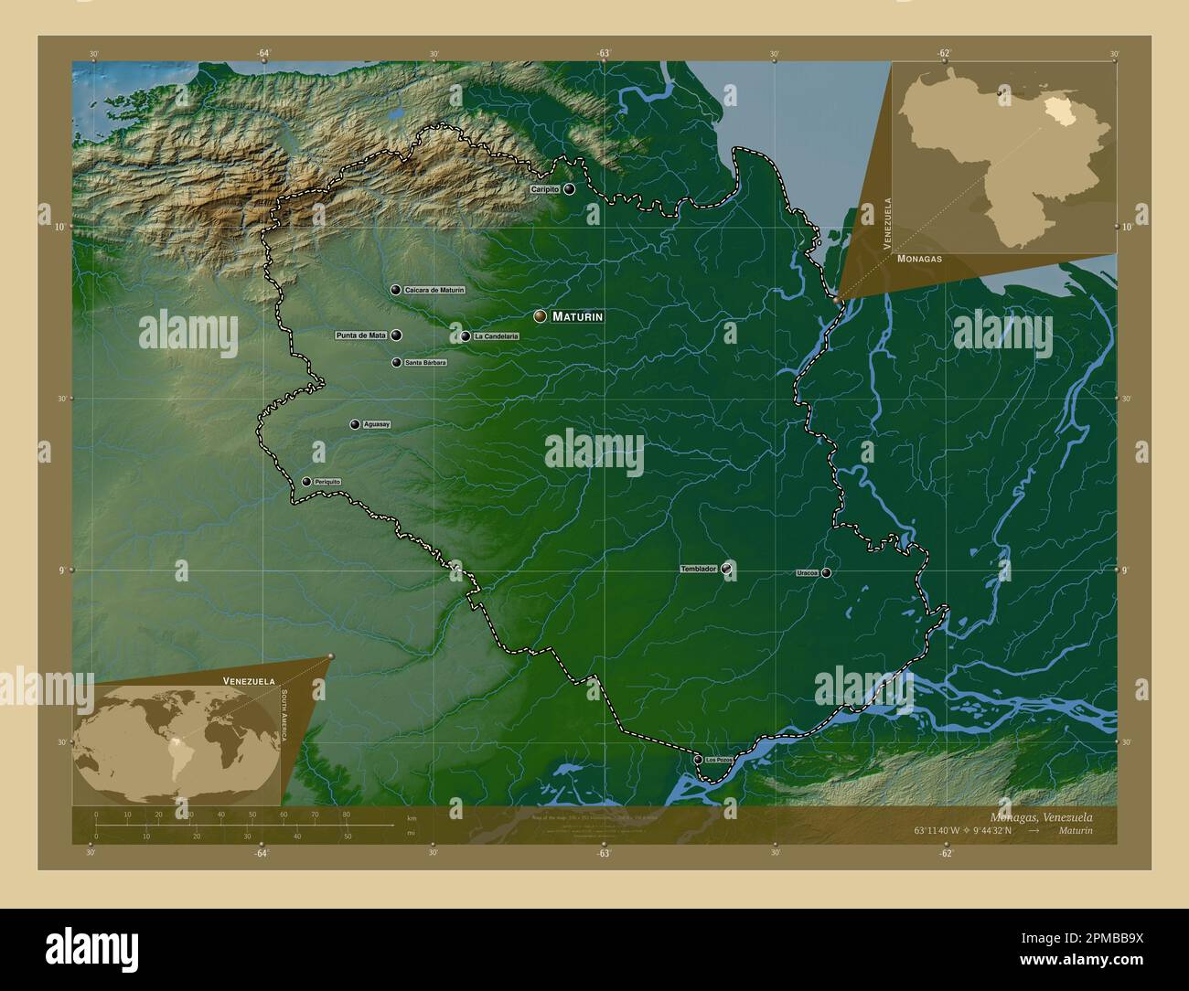 Monagas, state of Venezuela. Colored elevation map with lakes and ...