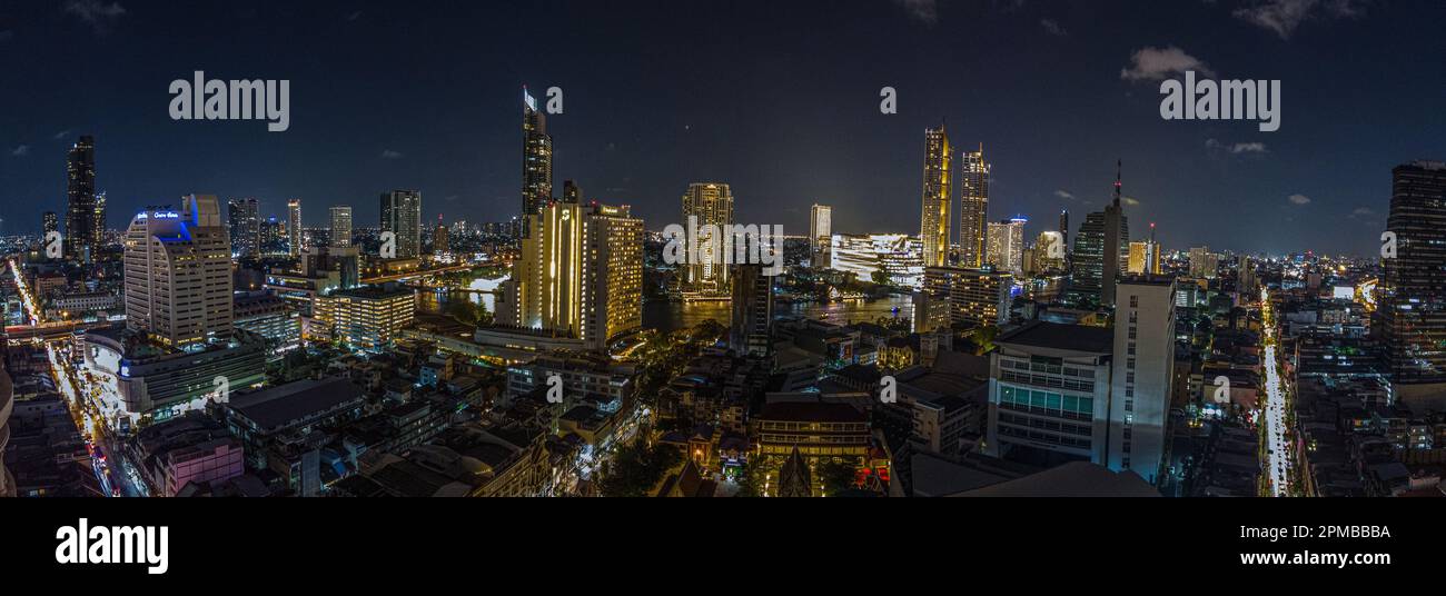 View over the illuminated skyline of Bangkok from aerial position at ...