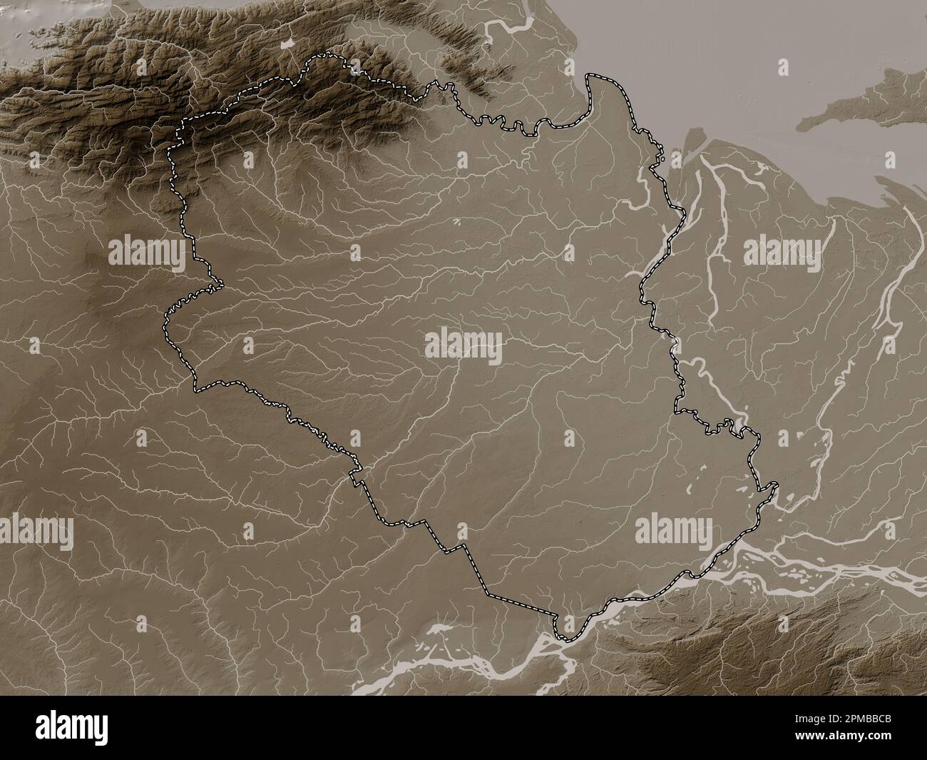Monagas, state of Venezuela. Elevation map colored in sepia tones with ...