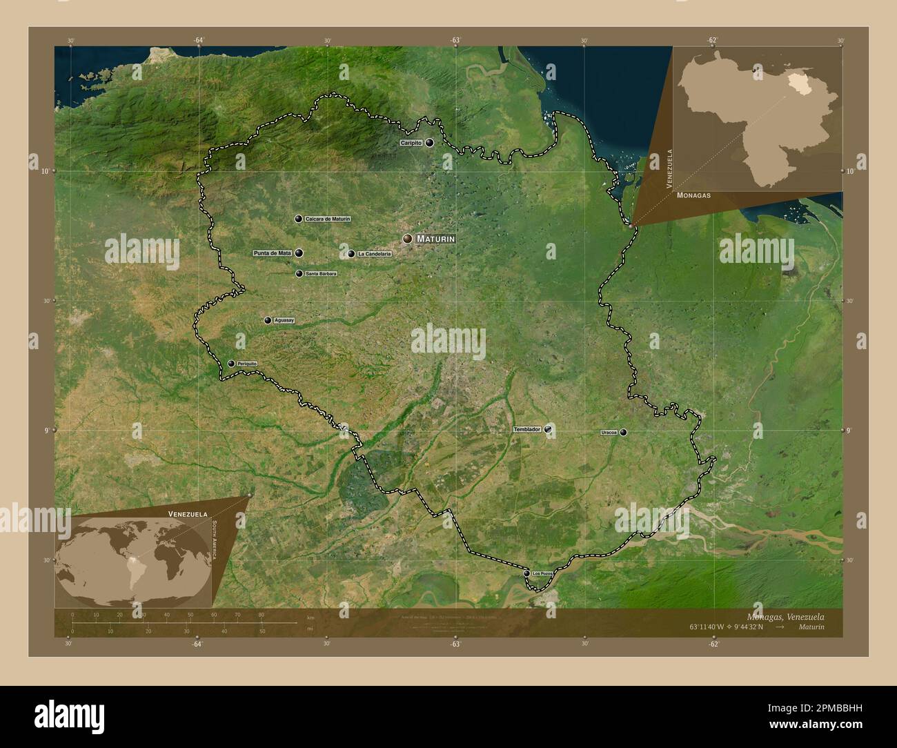 Monagas, state of Venezuela. Low resolution satellite map. Locations ...