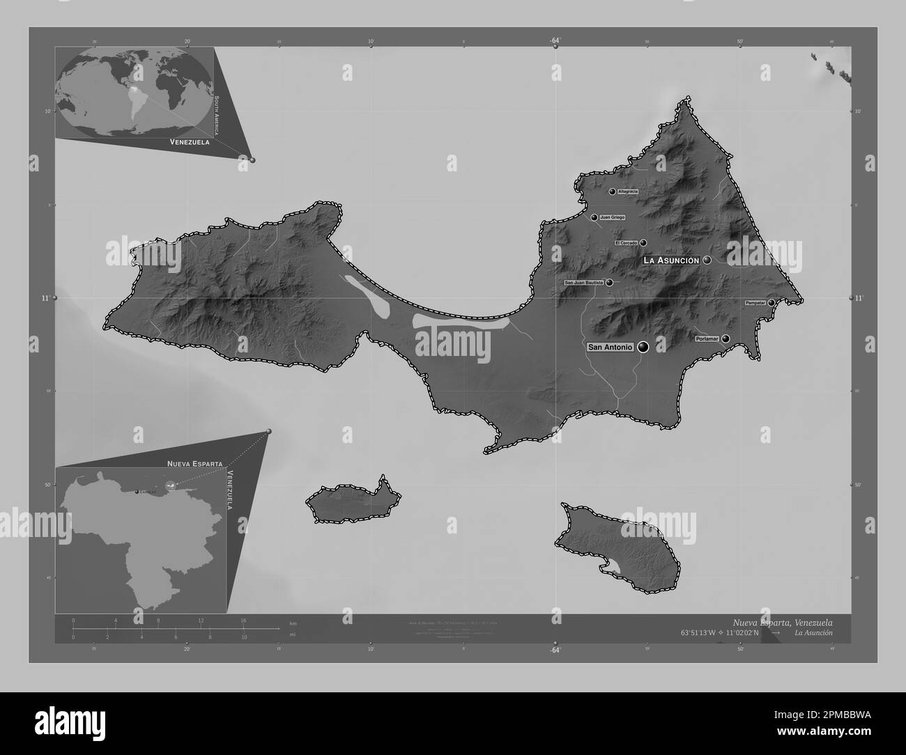 Nueva Esparta, state of Venezuela. Grayscale elevation map with lakes ...