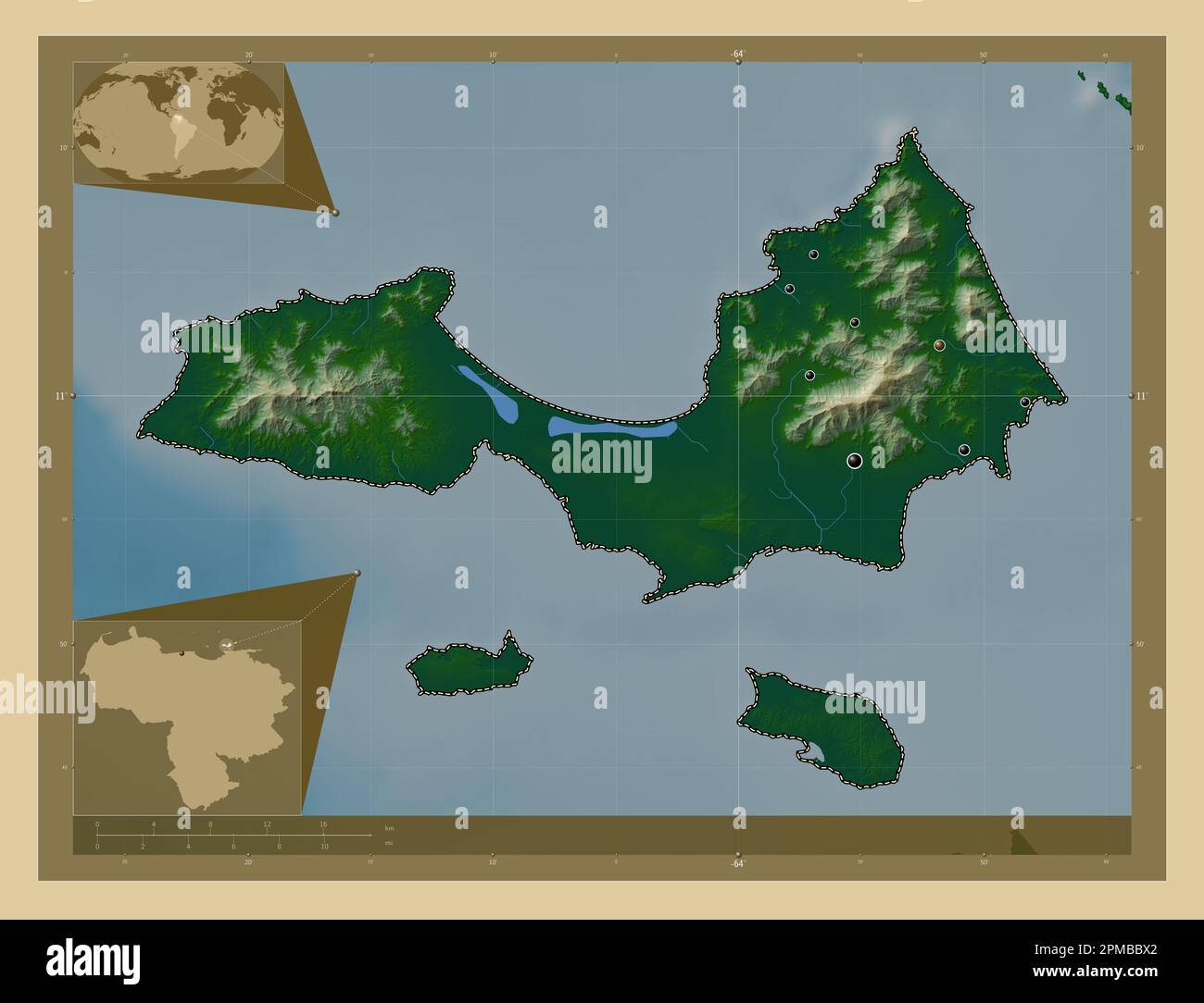 Nueva Esparta, state of Venezuela. Colored elevation map with lakes and ...