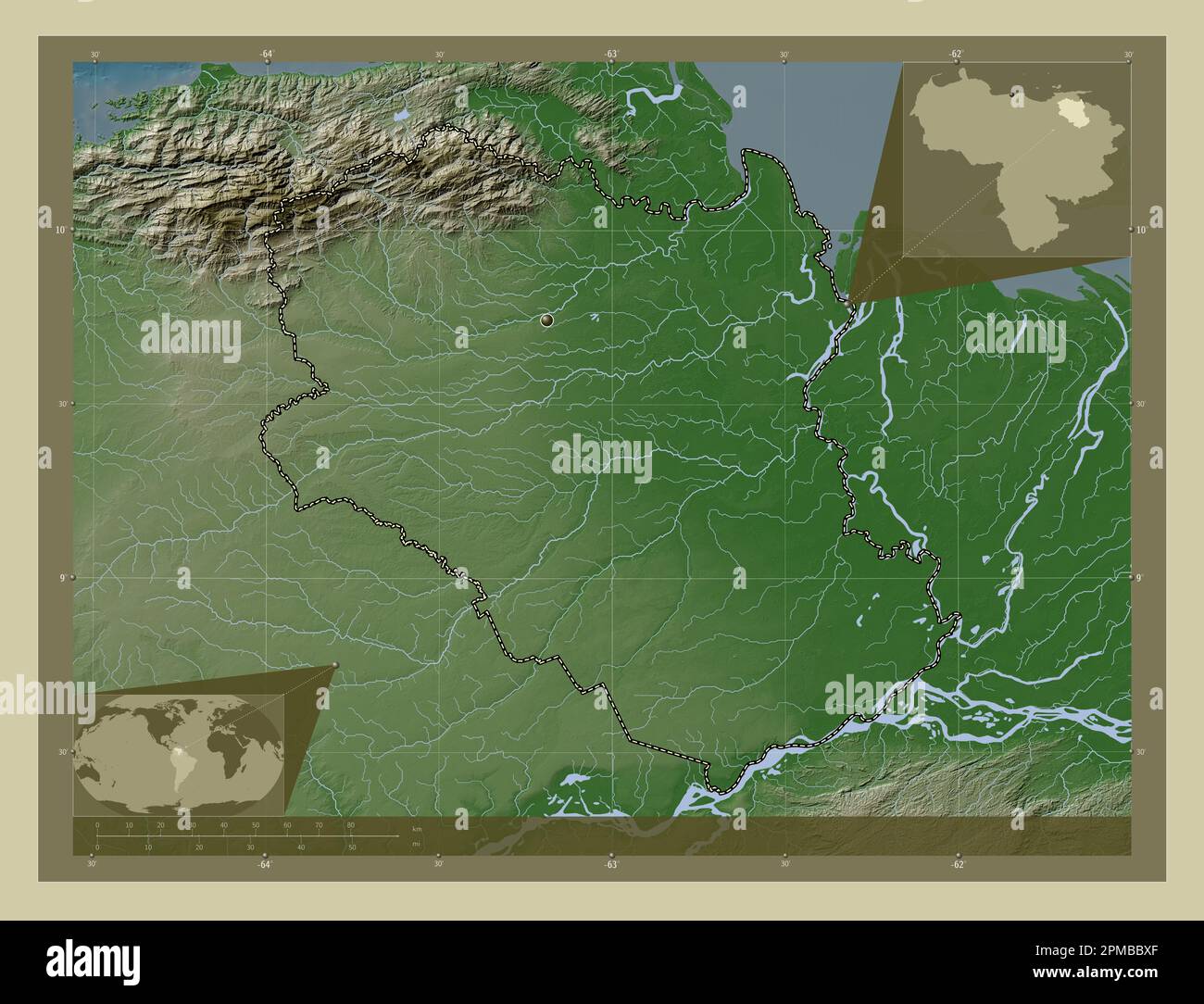 Monagas, state of Venezuela. Elevation map colored in wiki style with ...