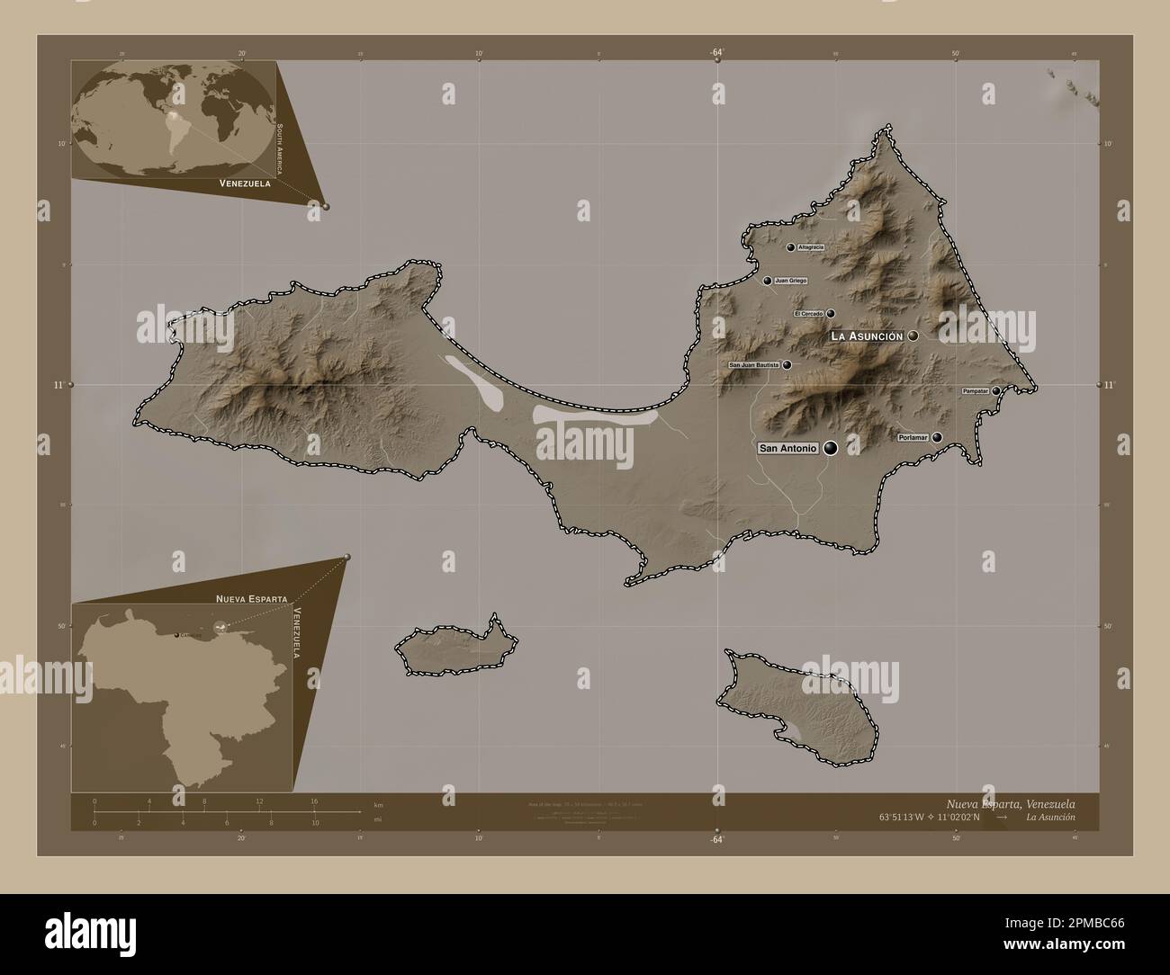 Nueva Esparta, state of Venezuela. Elevation map colored in sepia tones ...