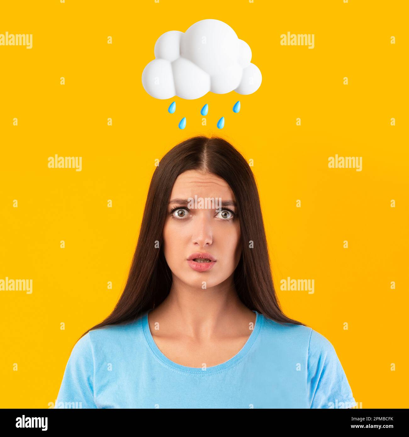 Sad young european female with abstract cloud and rain sign above head ...