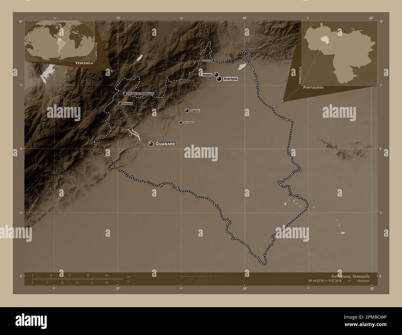 Portuguesa, state of Venezuela. Elevation map colored in sepia tones ...