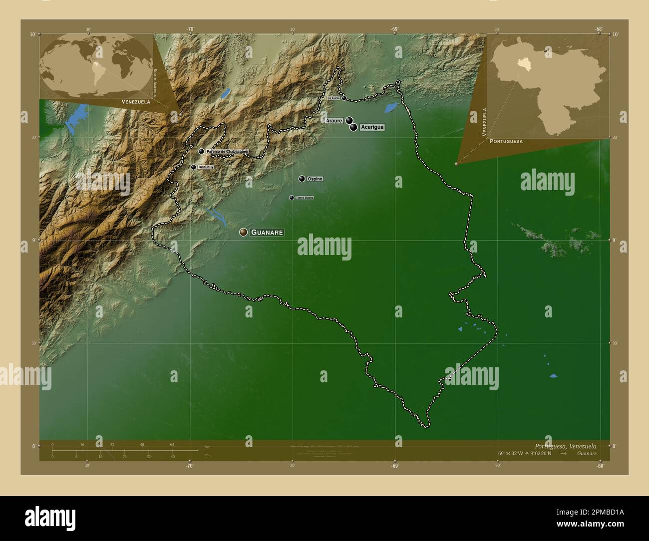 Portuguesa, state of Venezuela. Colored elevation map with lakes and ...
