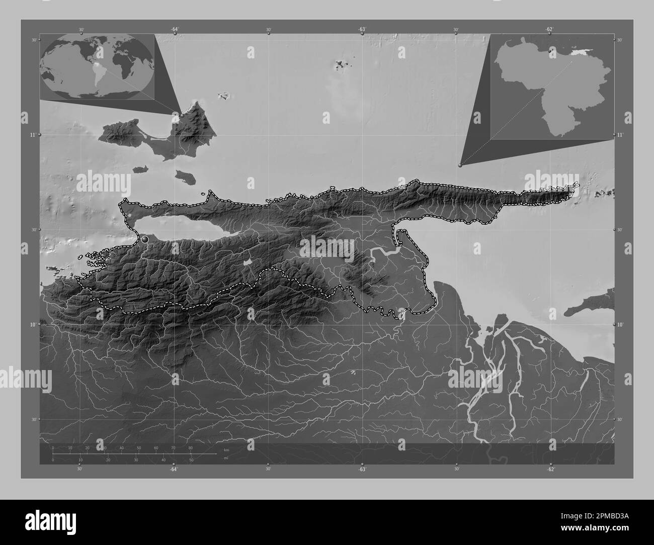 Sucre, state of Venezuela. Grayscale elevation map with lakes and ...