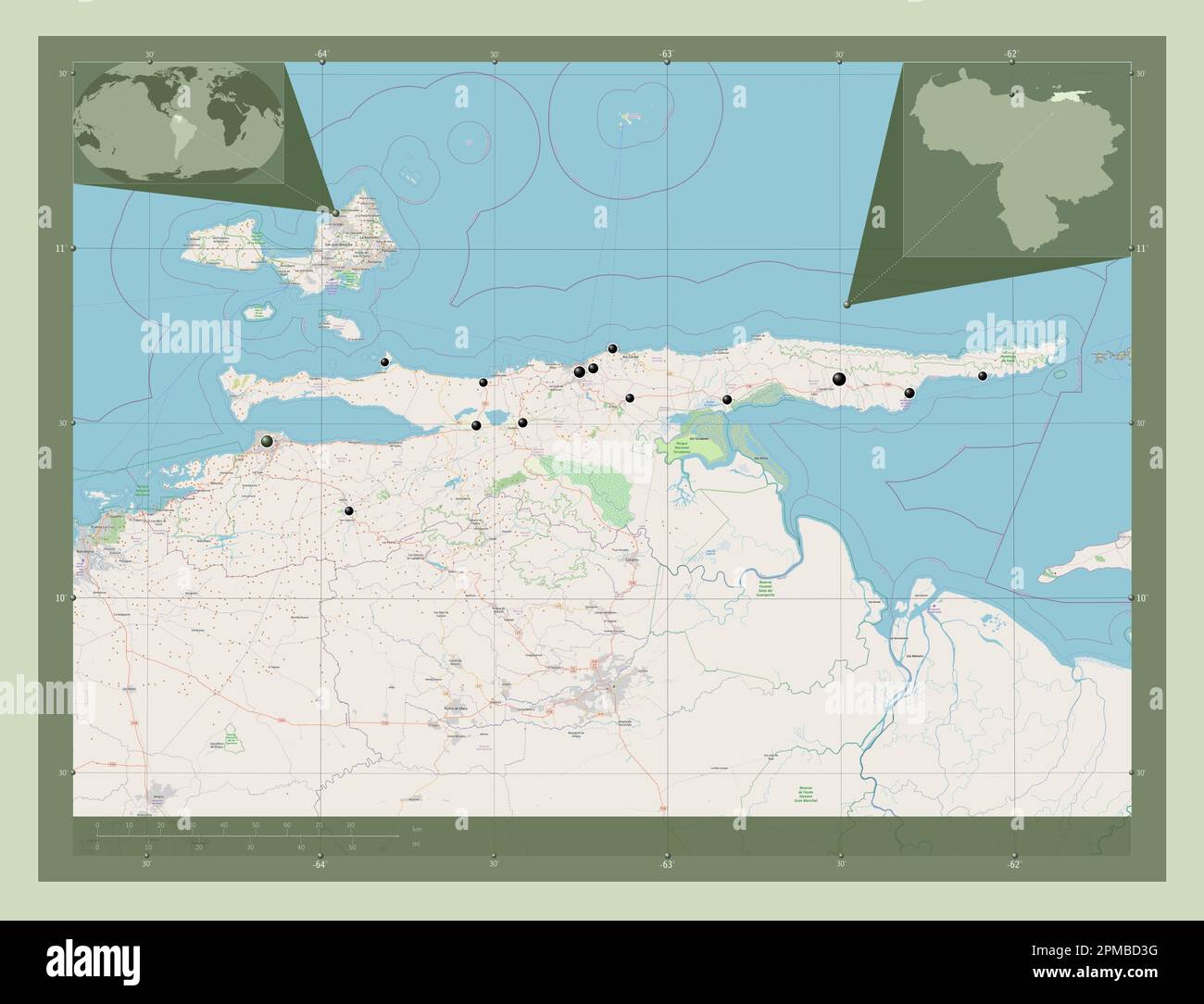 Sucre, state of Venezuela. Open Street Map. Locations of major cities ...