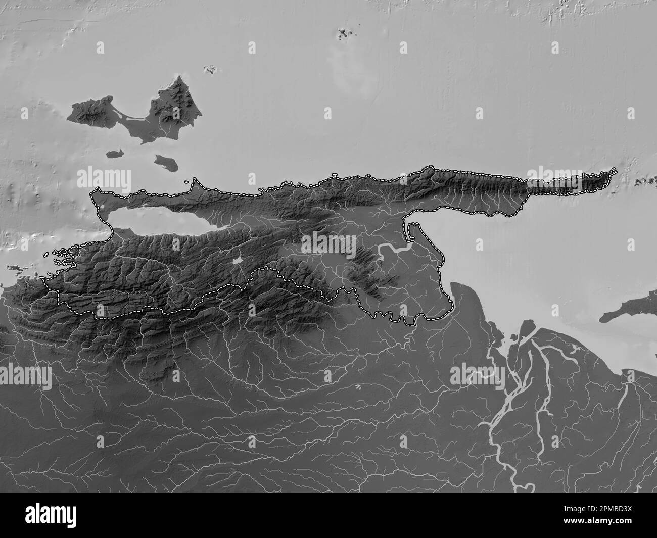 Sucre, state of Venezuela. Grayscale elevation map with lakes and ...