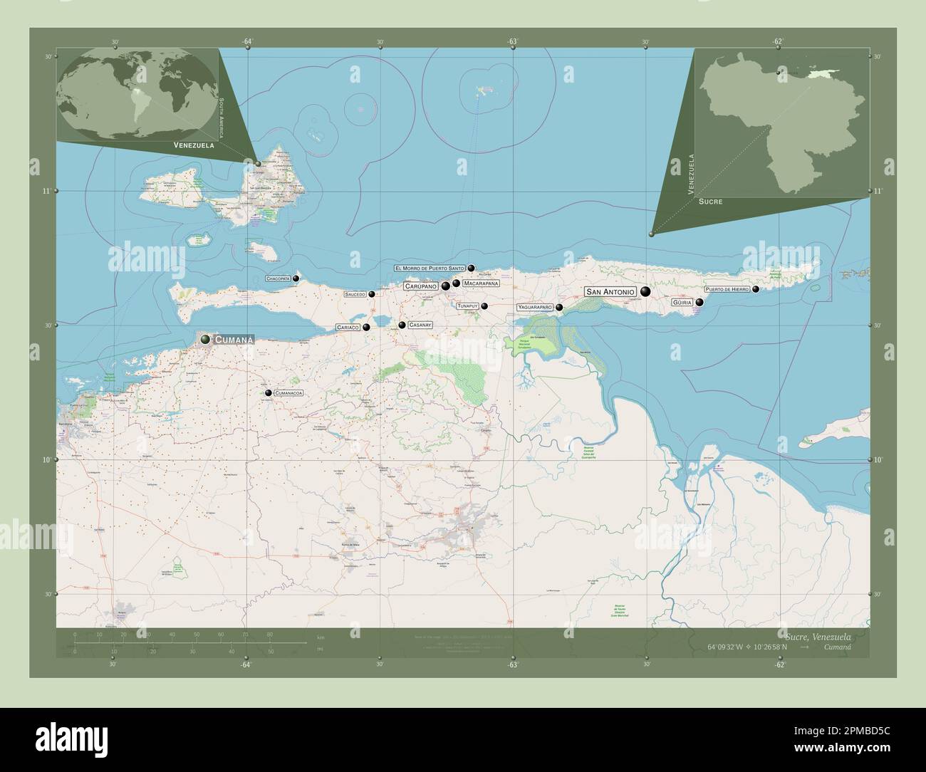 Sucre, state of Venezuela. Open Street Map. Locations and names of ...