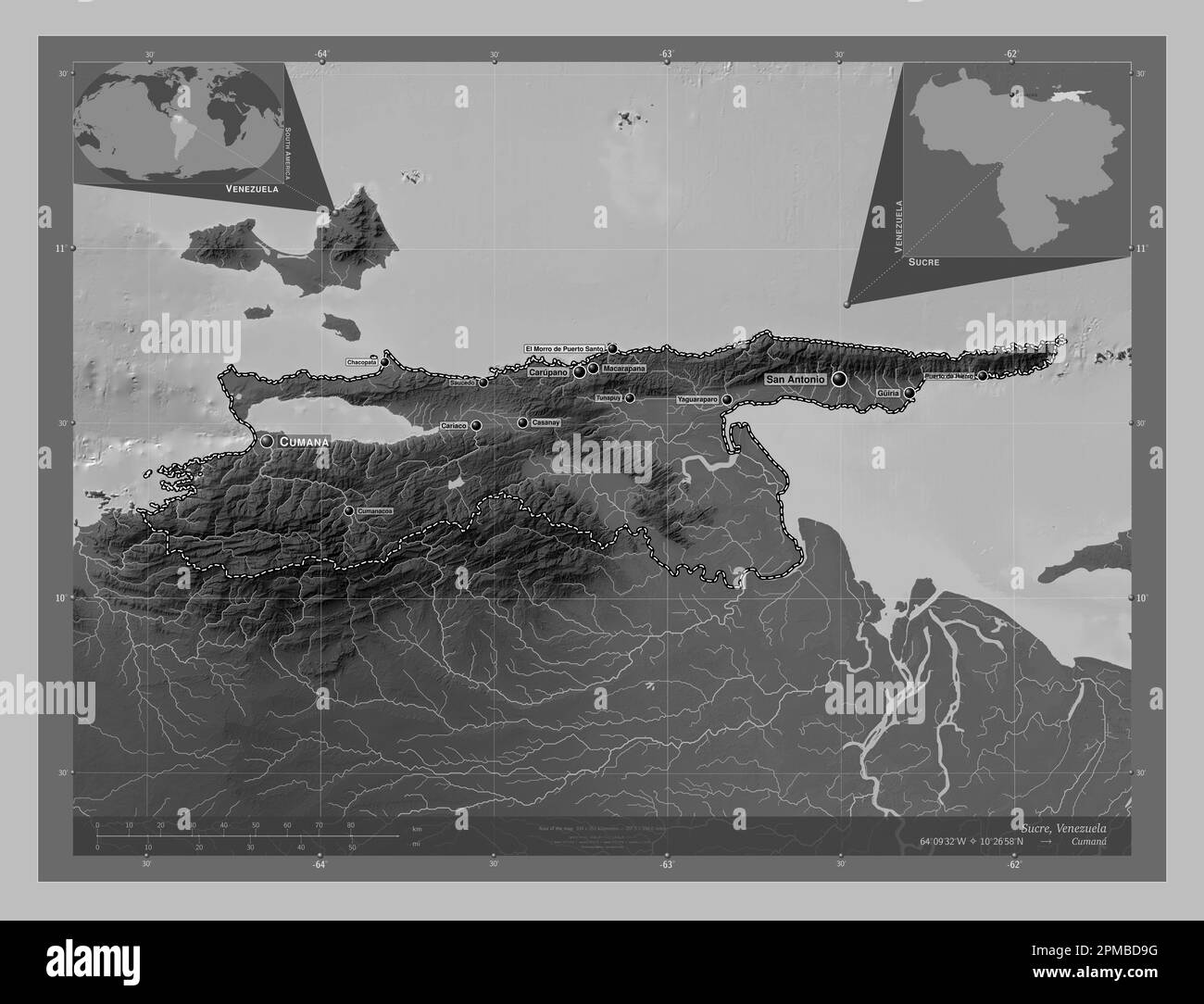 Sucre, state of Venezuela. Grayscale elevation map with lakes and ...