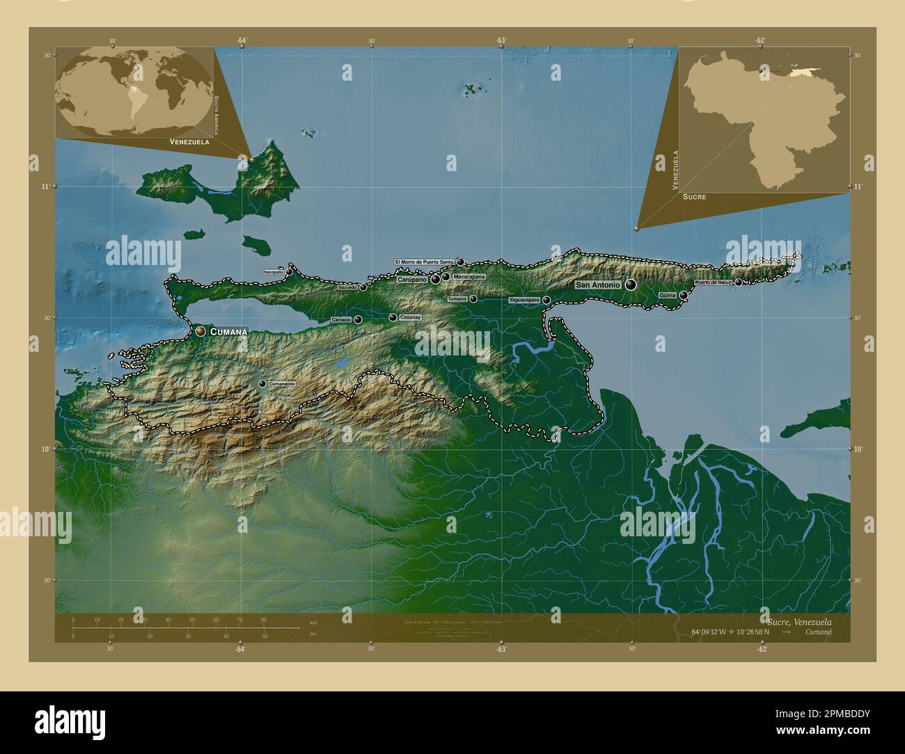 Sucre, state of Venezuela. Colored elevation map with lakes and rivers ...