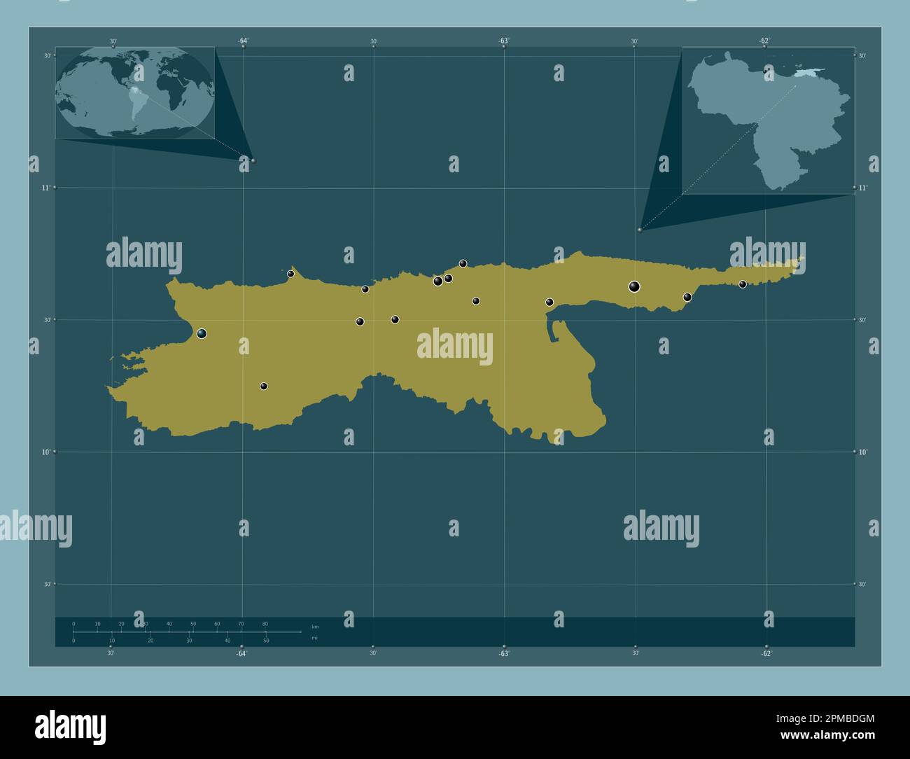 Sucre, state of Venezuela. Solid color shape. Locations of major cities ...
