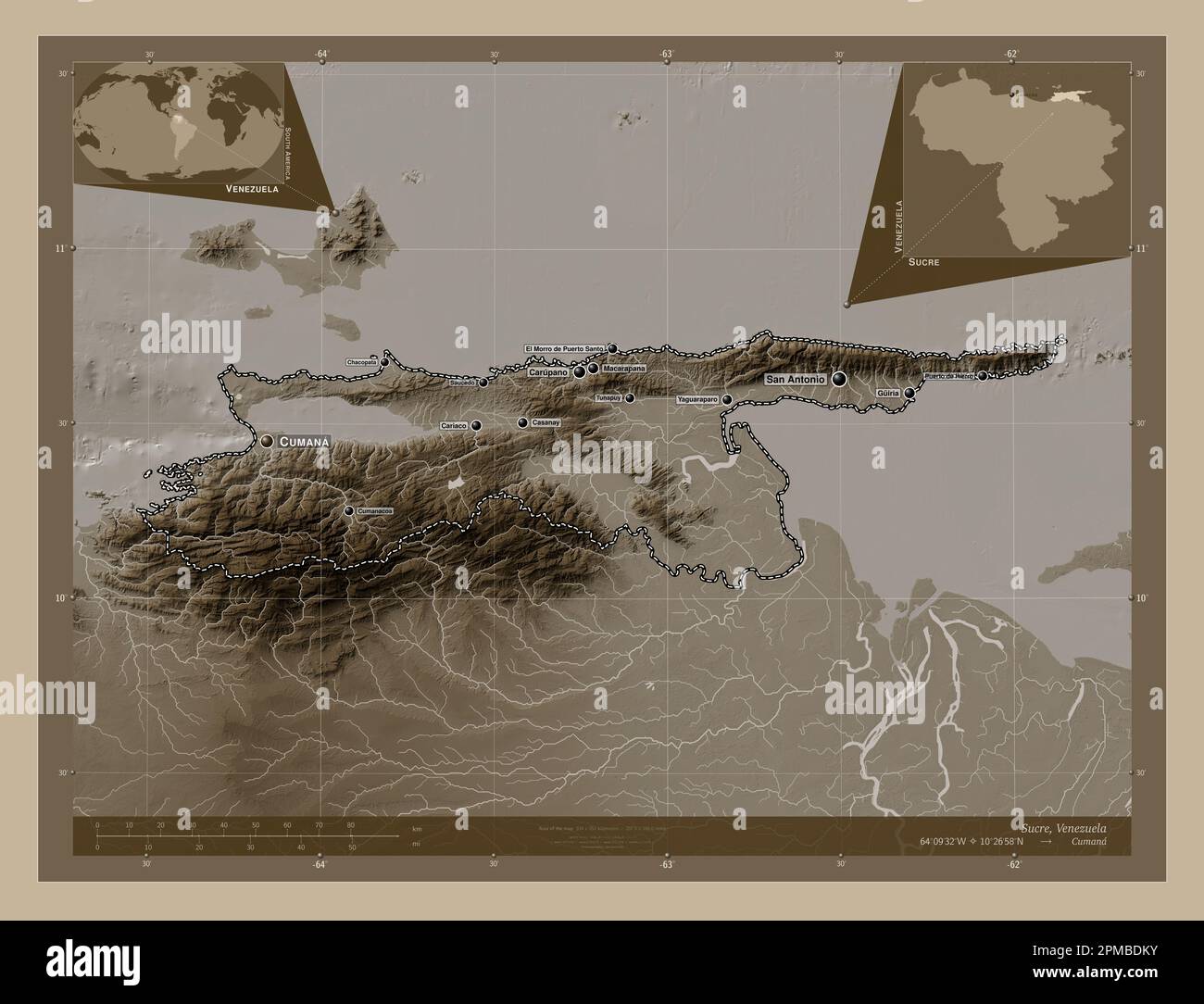 Sucre, state of Venezuela. Elevation map colored in sepia tones with ...