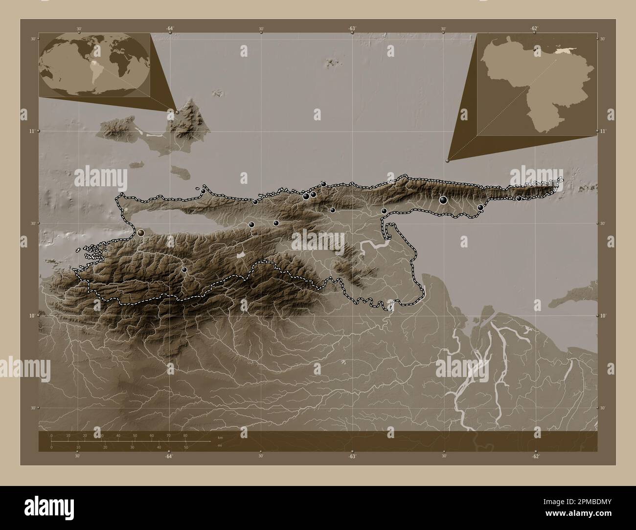 Sucre, state of Venezuela. Elevation map colored in sepia tones with ...