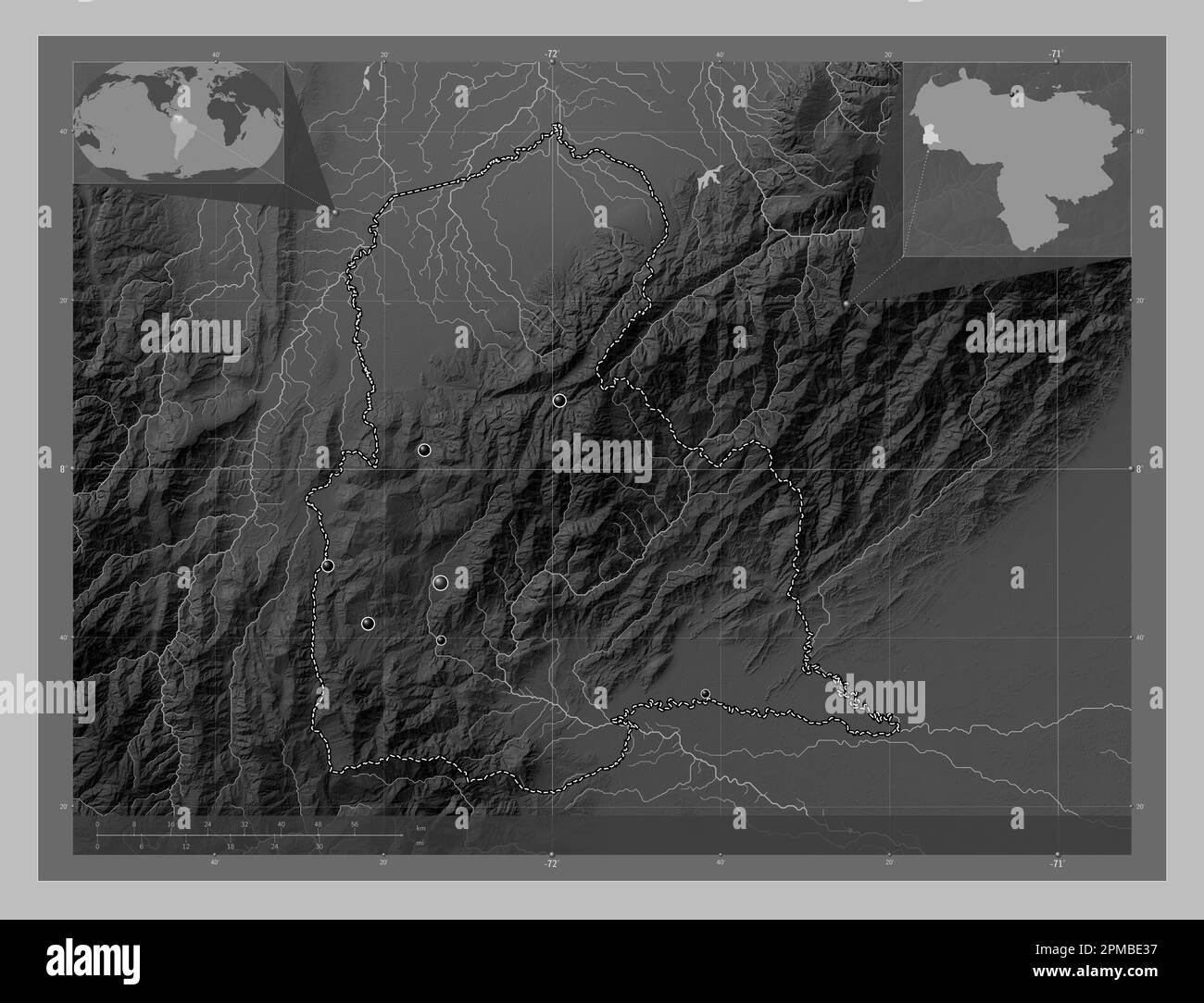 Tachira, state of Venezuela. Grayscale elevation map with lakes and ...