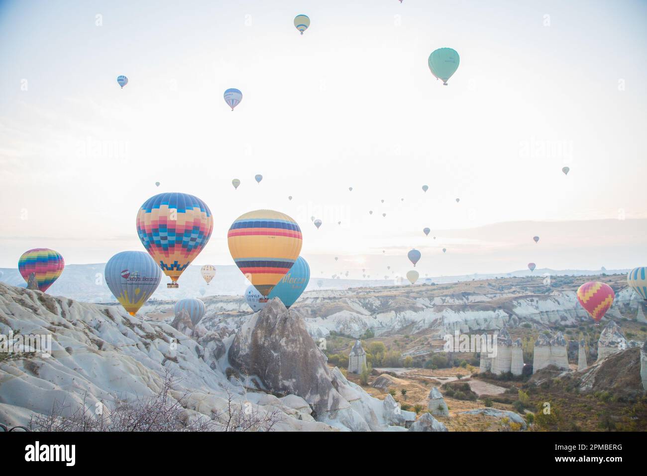 Balloons at dawn in the landscape of cappadocia Stock Photo - Alamy