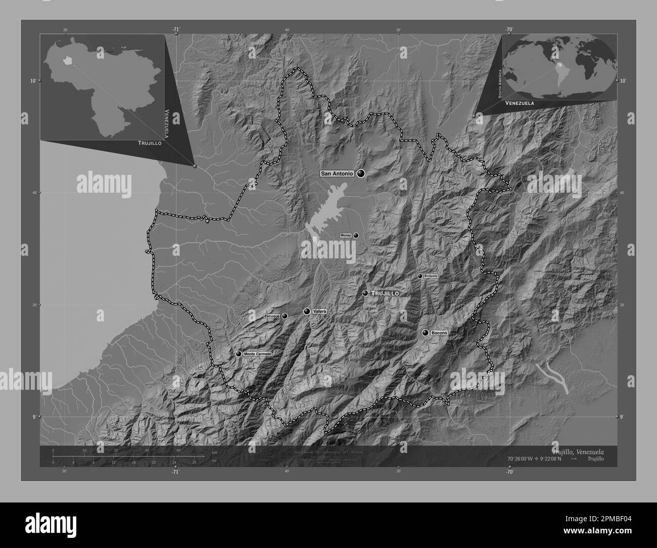 Trujillo, state of Venezuela. Bilevel elevation map with lakes and ...