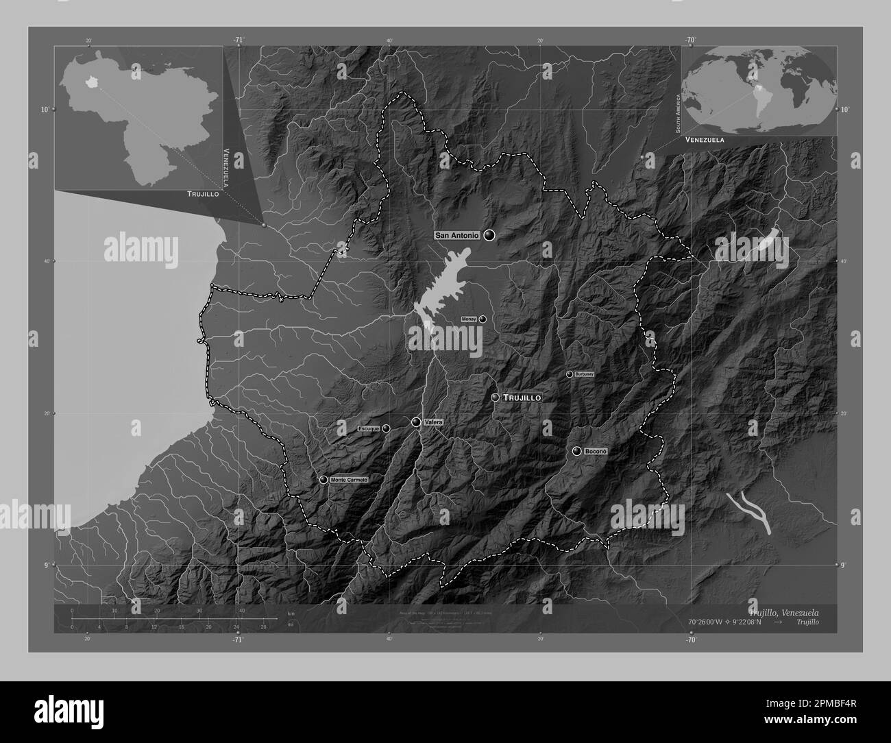 Trujillo, state of Venezuela. Grayscale elevation map with lakes and ...