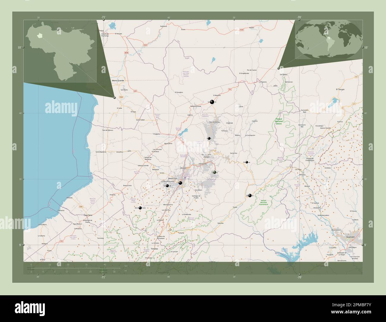 Trujillo, state of Venezuela. Open Street Map. Locations of major ...