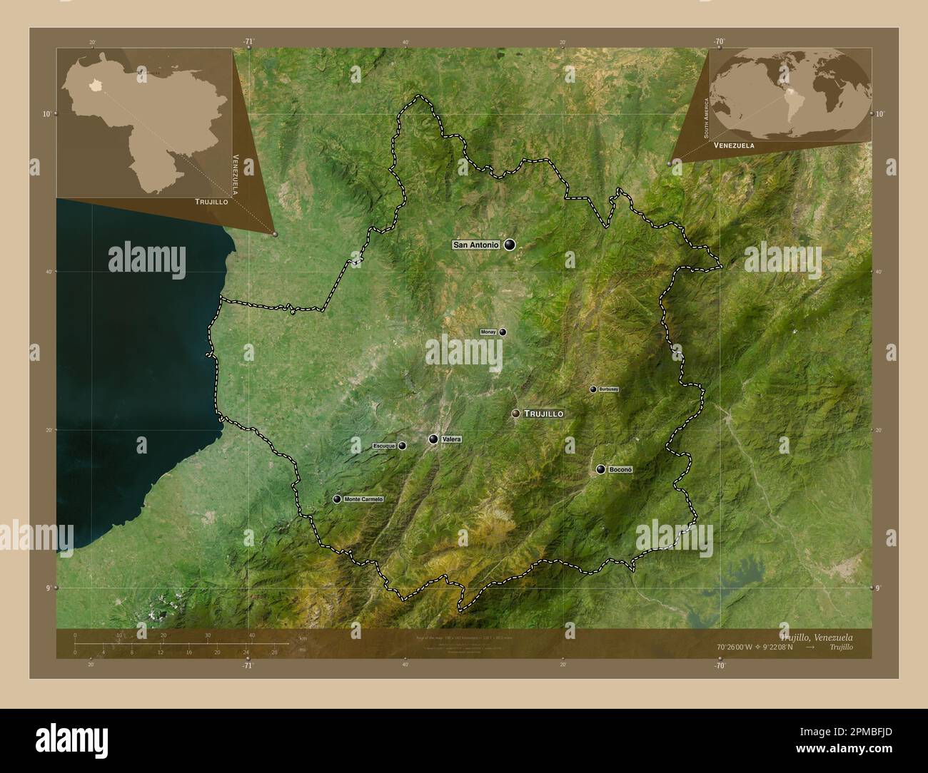 Trujillo, state of Venezuela. Low resolution satellite map. Locations ...