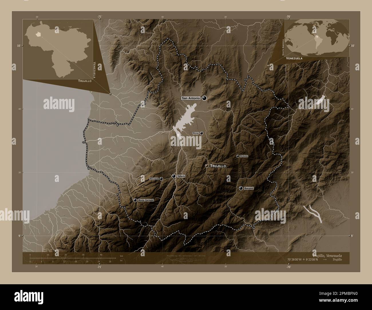 Trujillo, state of Venezuela. Elevation map colored in sepia tones with ...