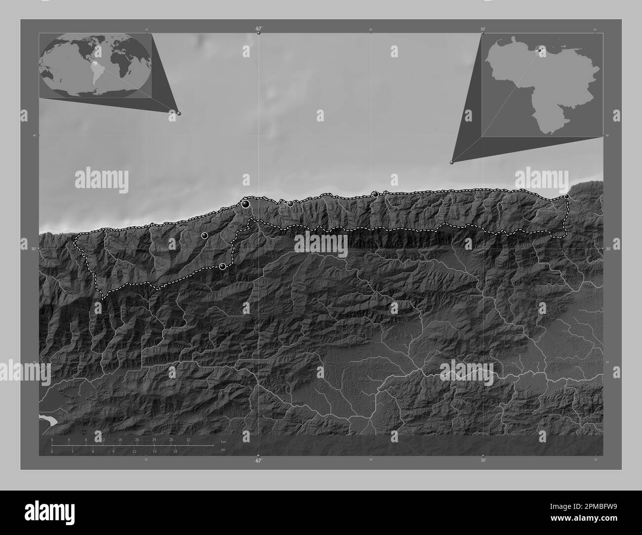Vargas, state of Venezuela. Grayscale elevation map with lakes and ...