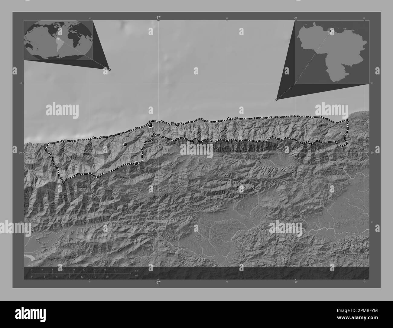 Vargas, state of Venezuela. Bilevel elevation map with lakes and rivers ...
